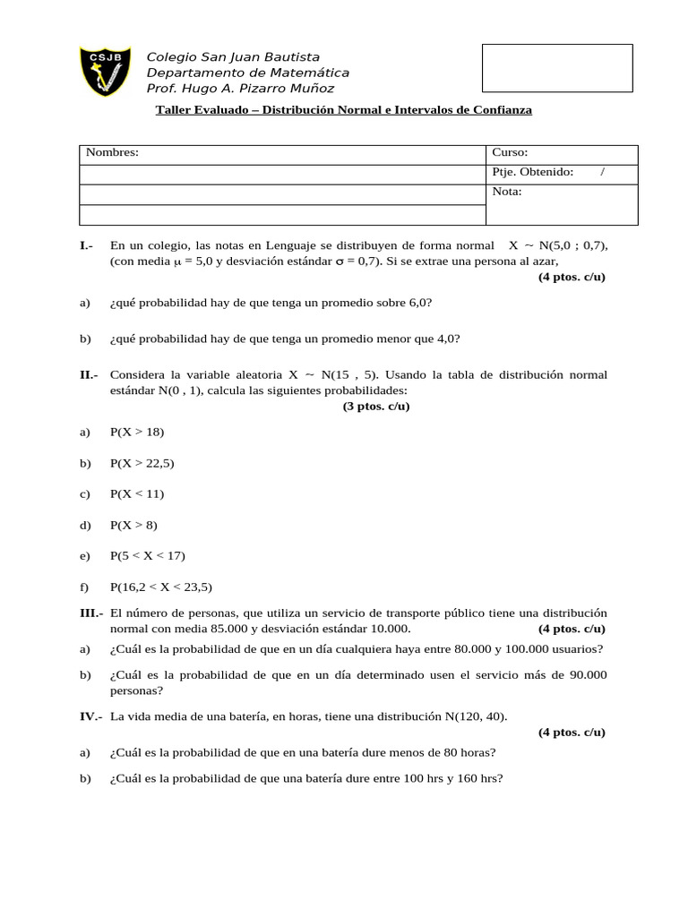 Taller Evaluado 4ų Medio (Distribuci N Normal) (V2) | PDF
