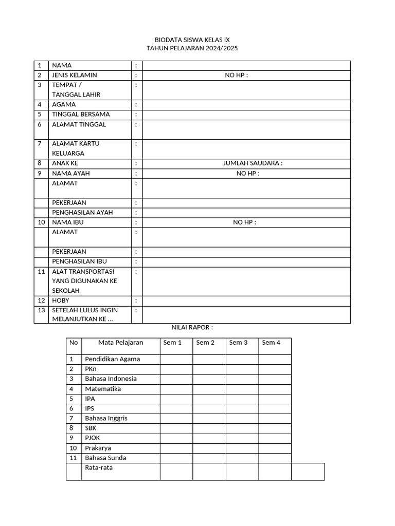 Biodata Siswa Kelas Ix | PDF