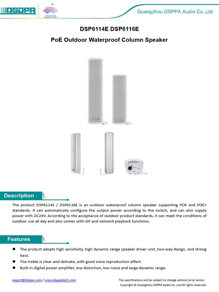 Data Sheet Dsp6114e Dsp6116e Poe Outdoor Waterproof Column Speaker | PDF