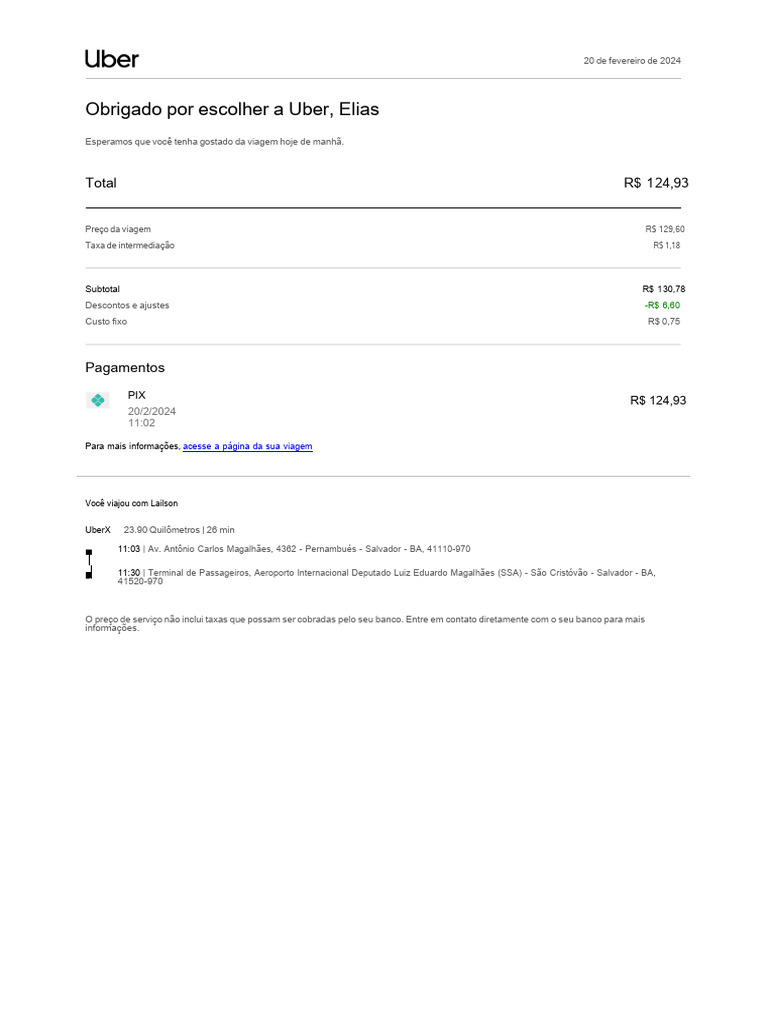 Recibo de Viagem Uber - Elias | PDF