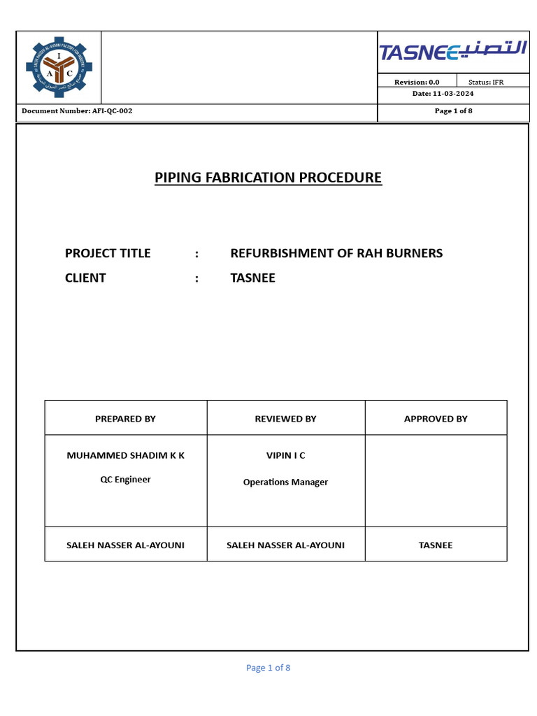Afi-Qc-002 Piping Fabrication Procedure Final | PDF