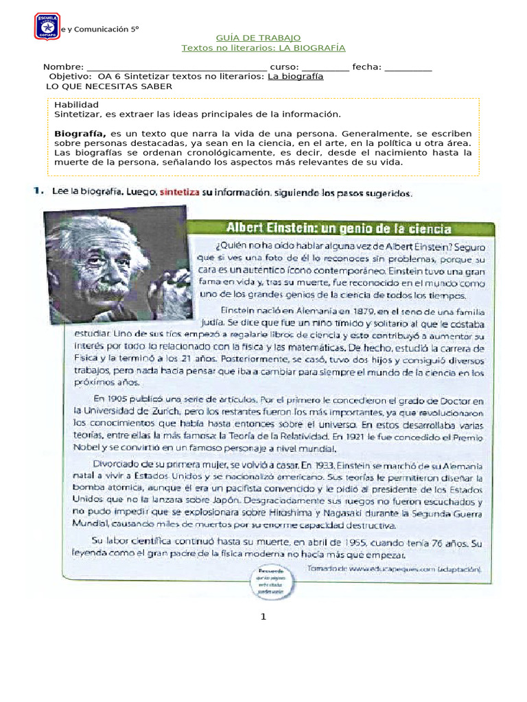 Guía textos no literarios 5° BIOGRAFÍA | PDF