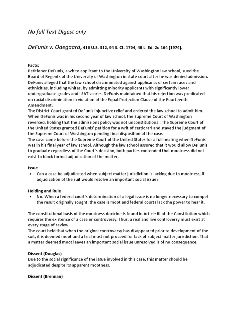 DeFunis v. Odegaard: Mootness Ruling | PDF | Mootness | Supreme Court ...