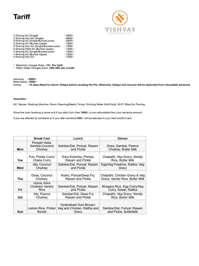 Vishvas Tariff - Aug2024 | PDF | Food And Drink | Asian Cuisine