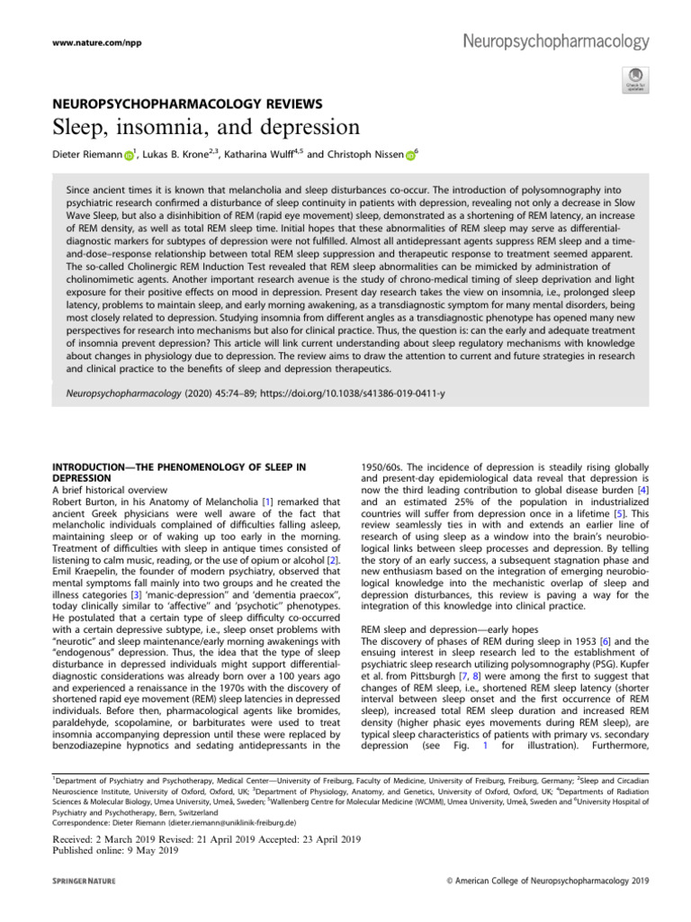 Sleep, Insomnia, and Depression: Neuropsychopharmacology Reviews | PDF ...