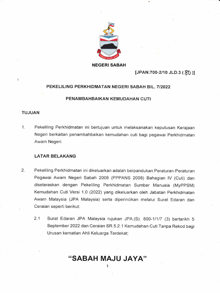 Pekeliling Perkhidmatan Negeri Sabah Bil 7 2022 - Penambahbaikan Kemudahan Cuti | PDF