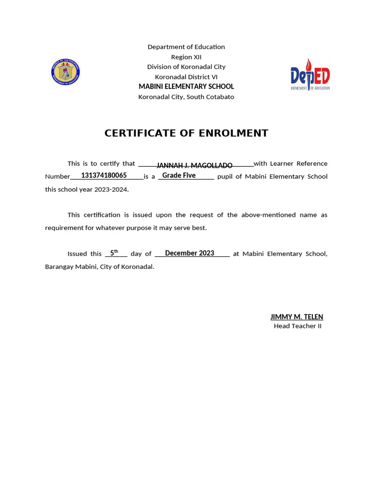Certificate of Enrollment for 4Ps Learners | PDF