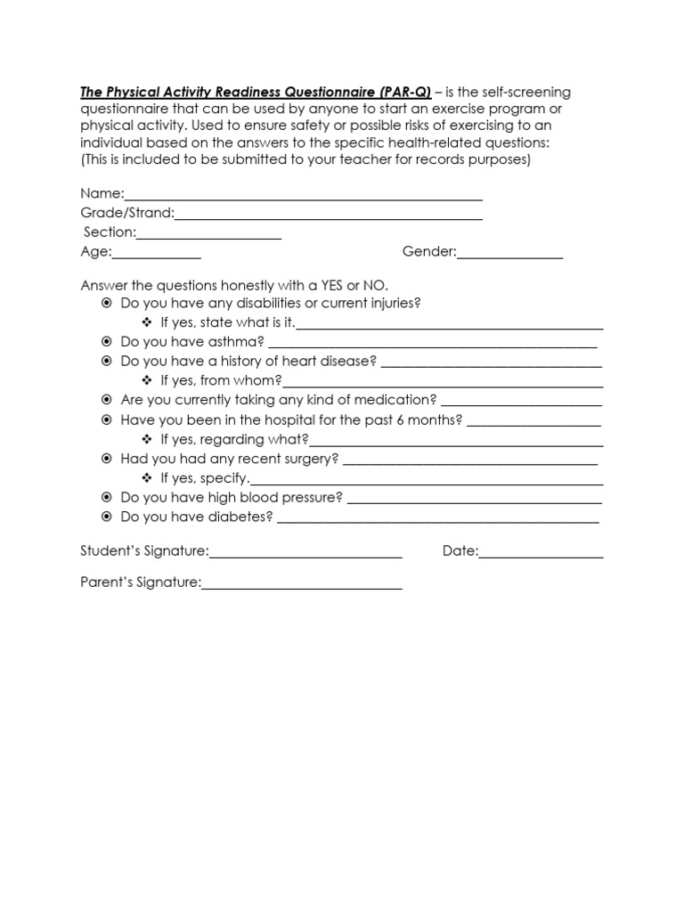 The Physical Activity Readiness Questionnaire | PDF