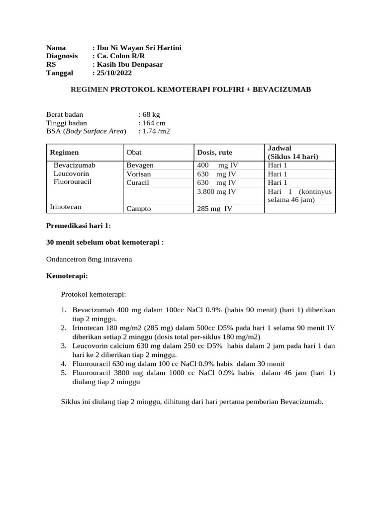 Regimen FOLFIRI_BEVA BSA 1.74 dr renny | PDF