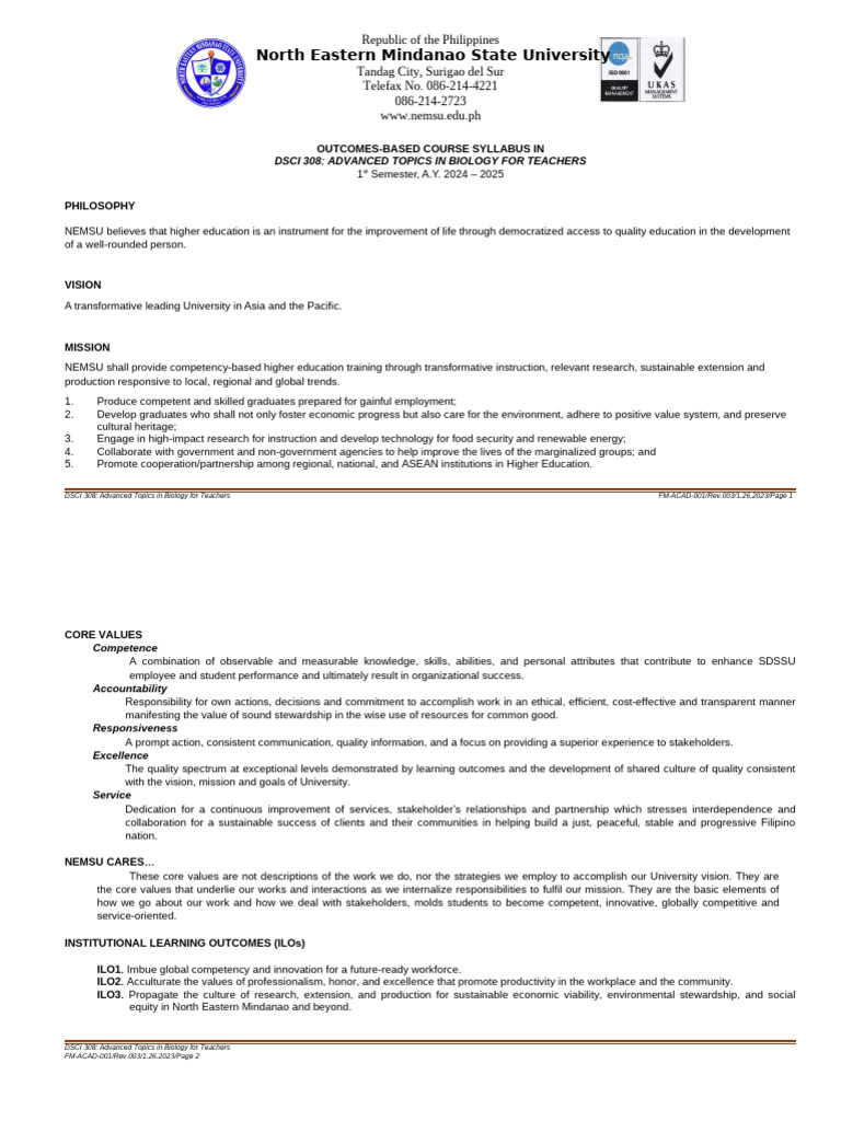 Advanced Biology Syllabus - REVISED 2024 | PDF