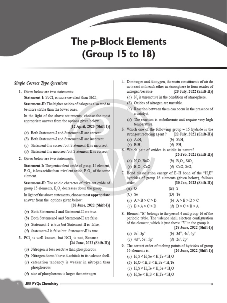 The P-Block Elements (Group 15 To 18) - PYQ Practice Sheet | PDF