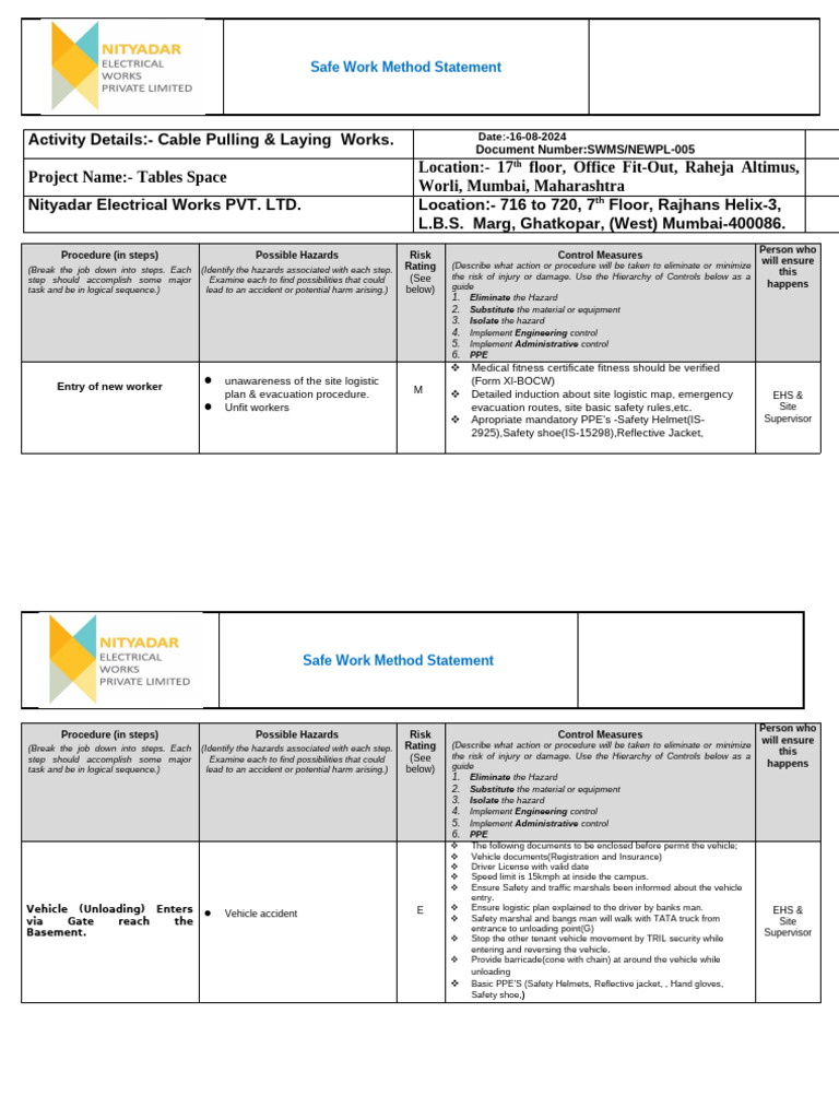 SWMS-005-Cable Pulling & Laying | PDF