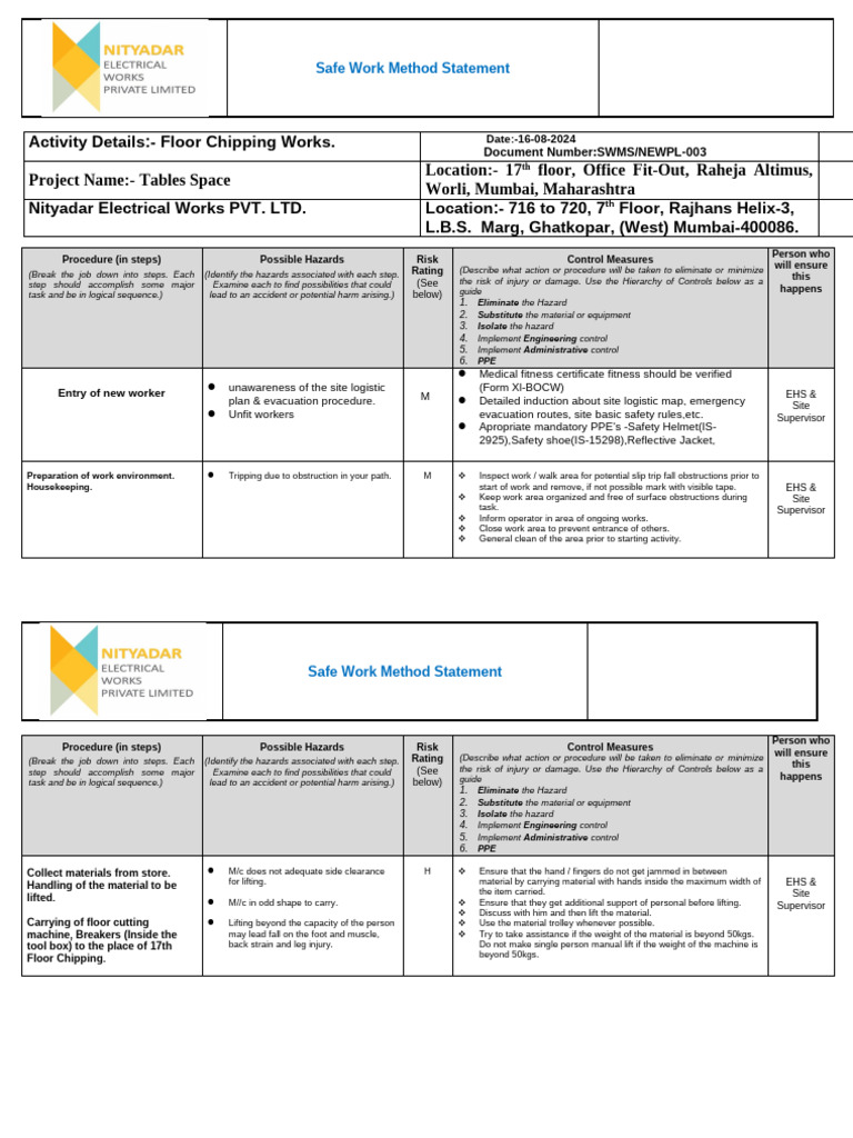 SWMS-003-Floor Chipping Works | PDF