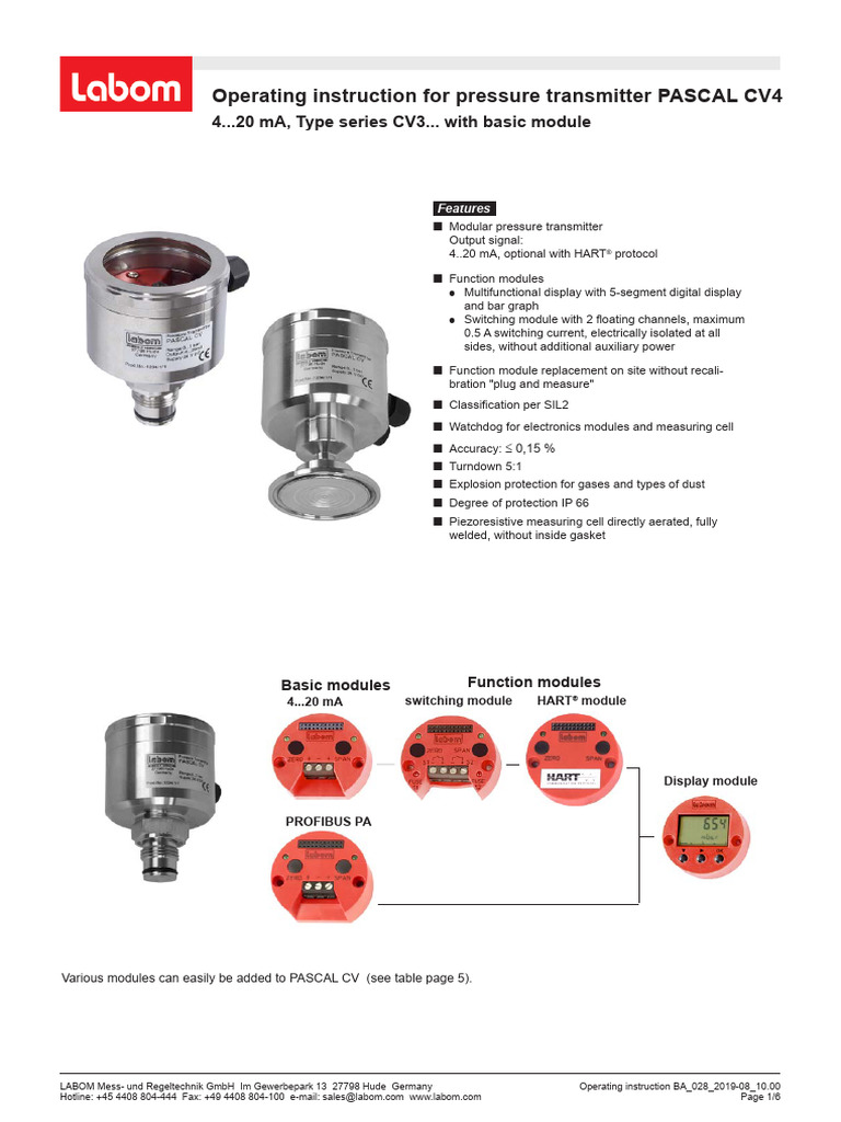 Labom PRESSURE TRANSMITTER PASCAL Series CV3110 Manual | PDF