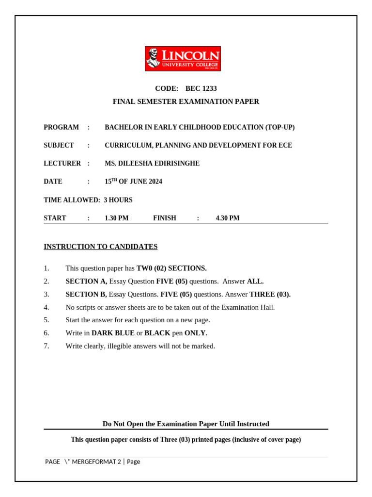 Curriculum, Planning and Development For Ece - Final Exam | PDF