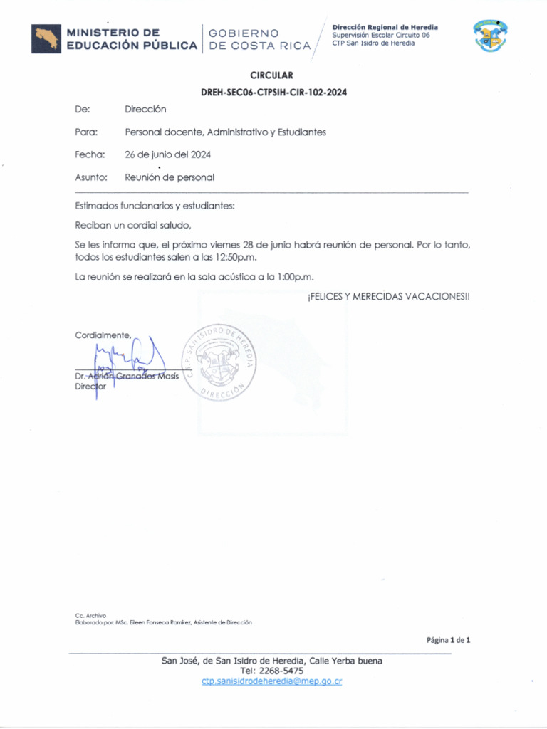 DREH-SEC06-CTPSIH-CIR-102-2024 (Reunión de Personal) | PDF