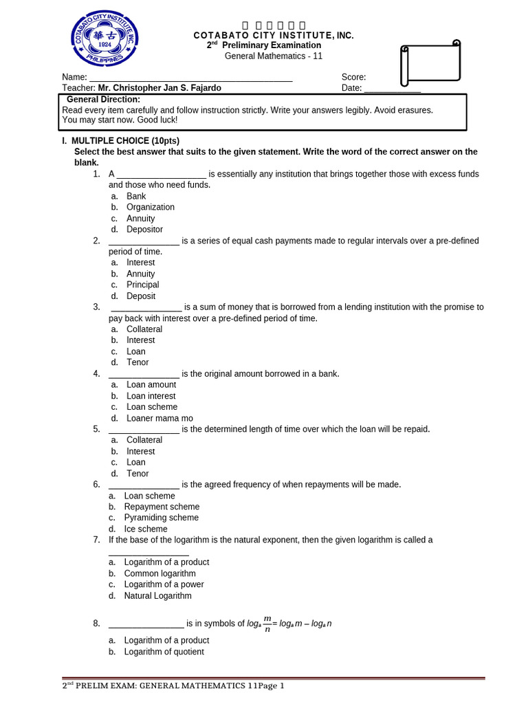 2nd Prelim Gen Math | PDF