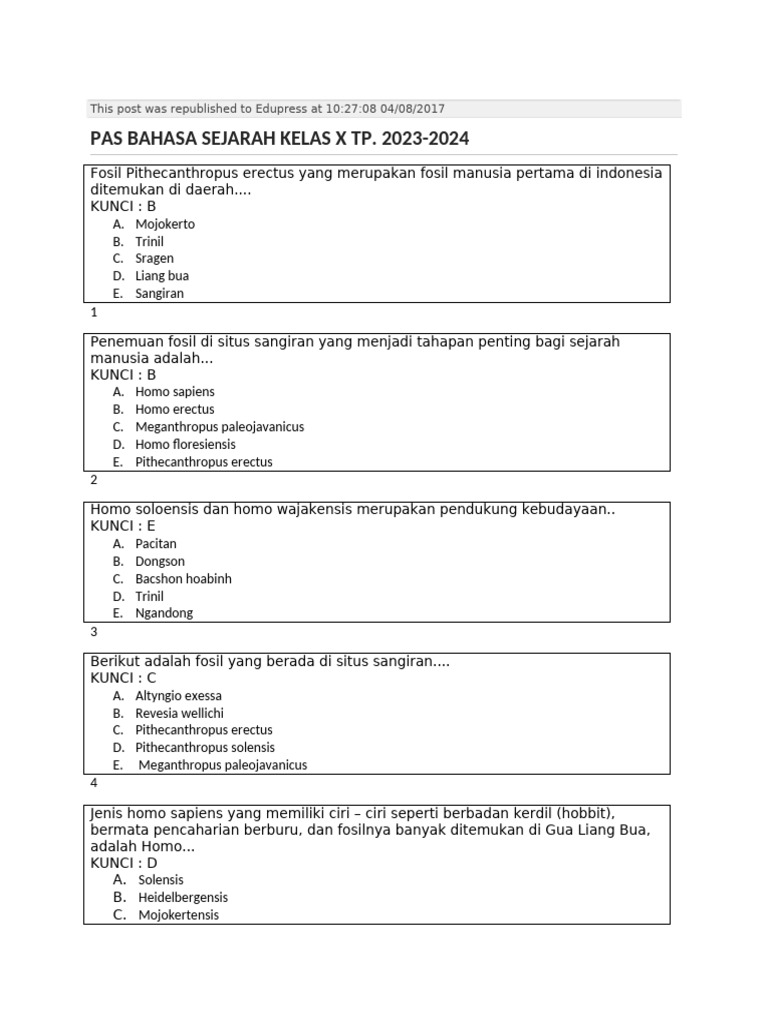 Soal Sejarah Kelas X 2023-2024 | PDF