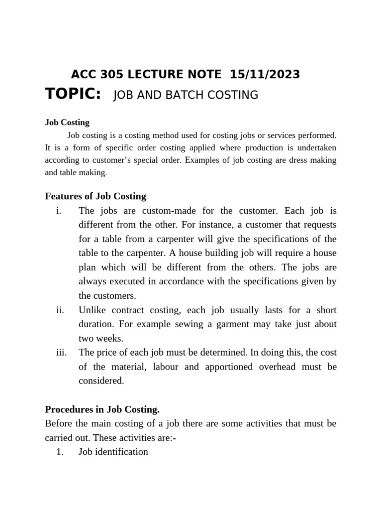 JOB and PROCESS COSTING Outstanding Lecture Note | PDF