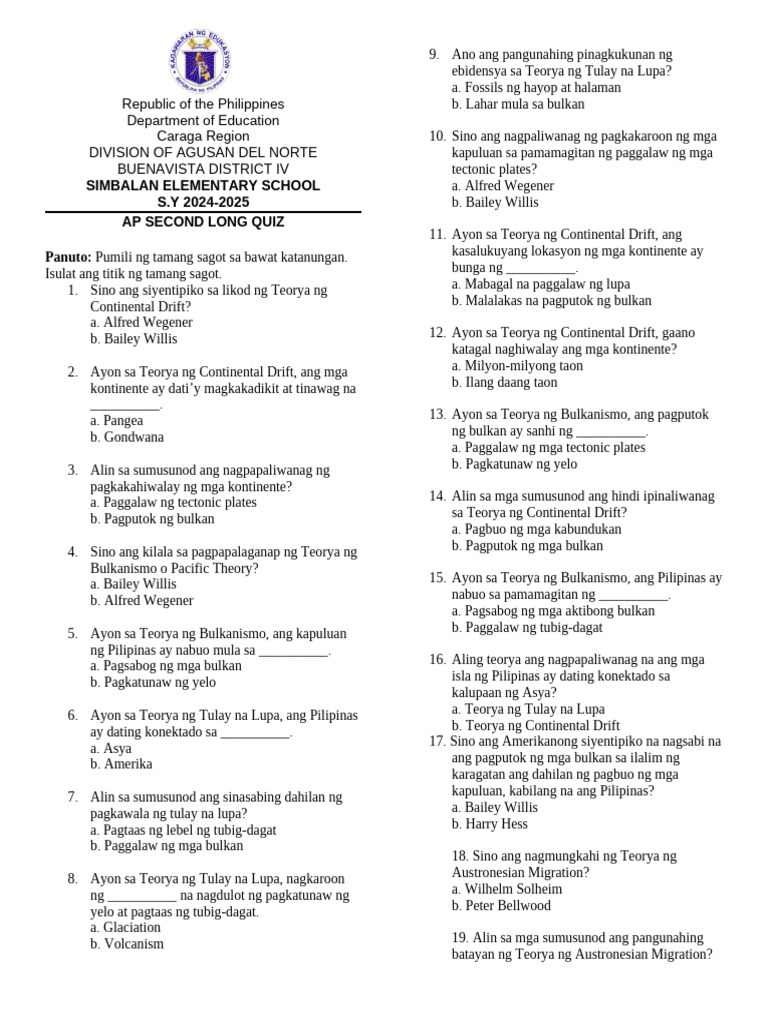 Araling Panlipunan 5 Quarter 1 Aralin 3 and 4 Long Quiz | PDF