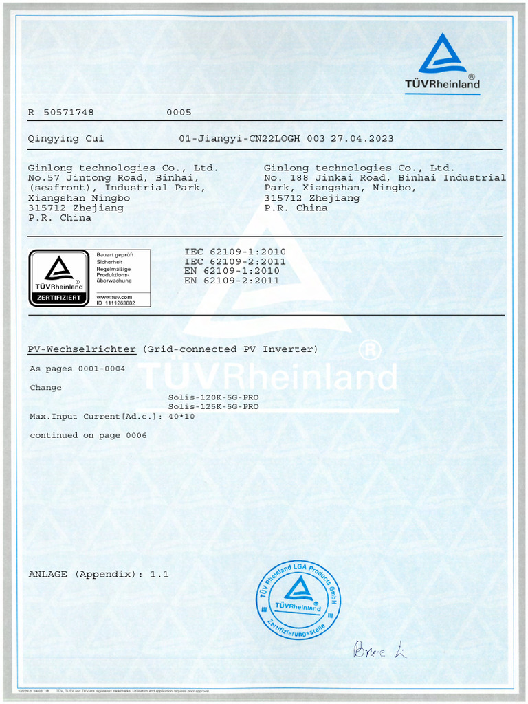 Solis Certificate IEC 62109-1 (-2) EN 62109-1 (2) (75-125) K-5G-PRO (50-75) K-LV-5G-PRO Safety ...