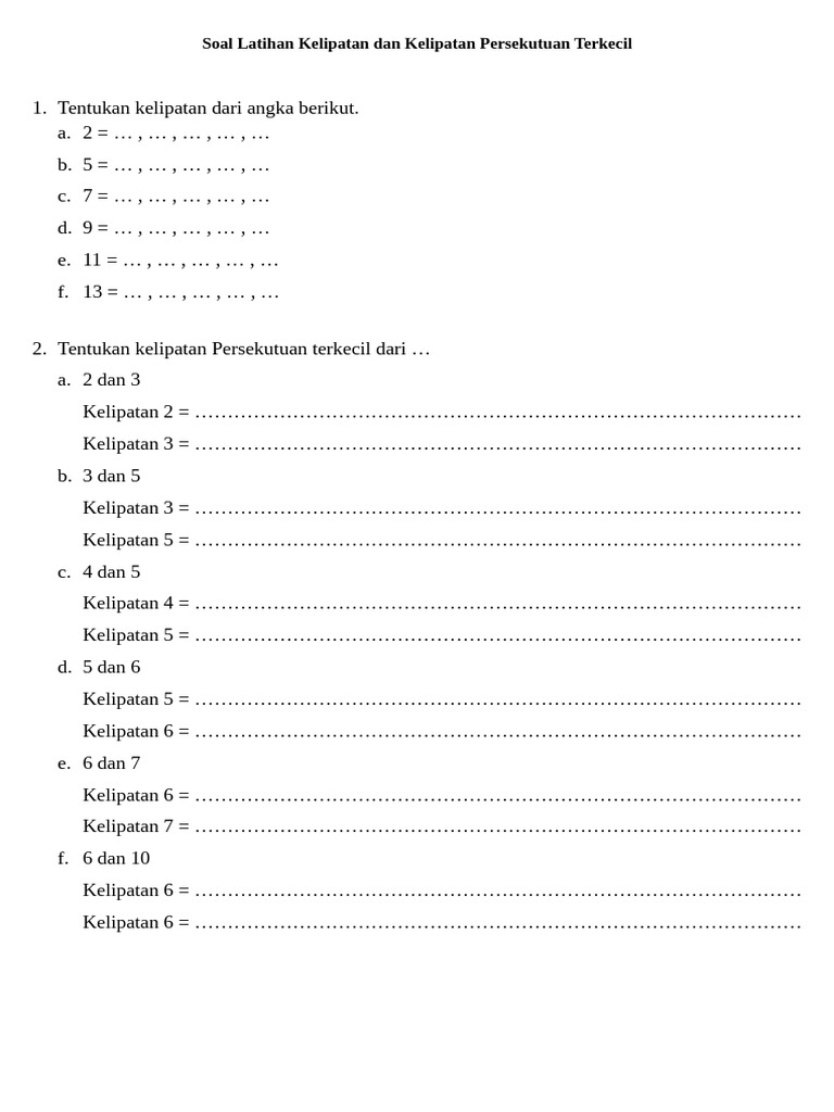 Soal Latihan Kelipatan Dan Kelipatan Persekutuan Terkecil Inklusi | PDF