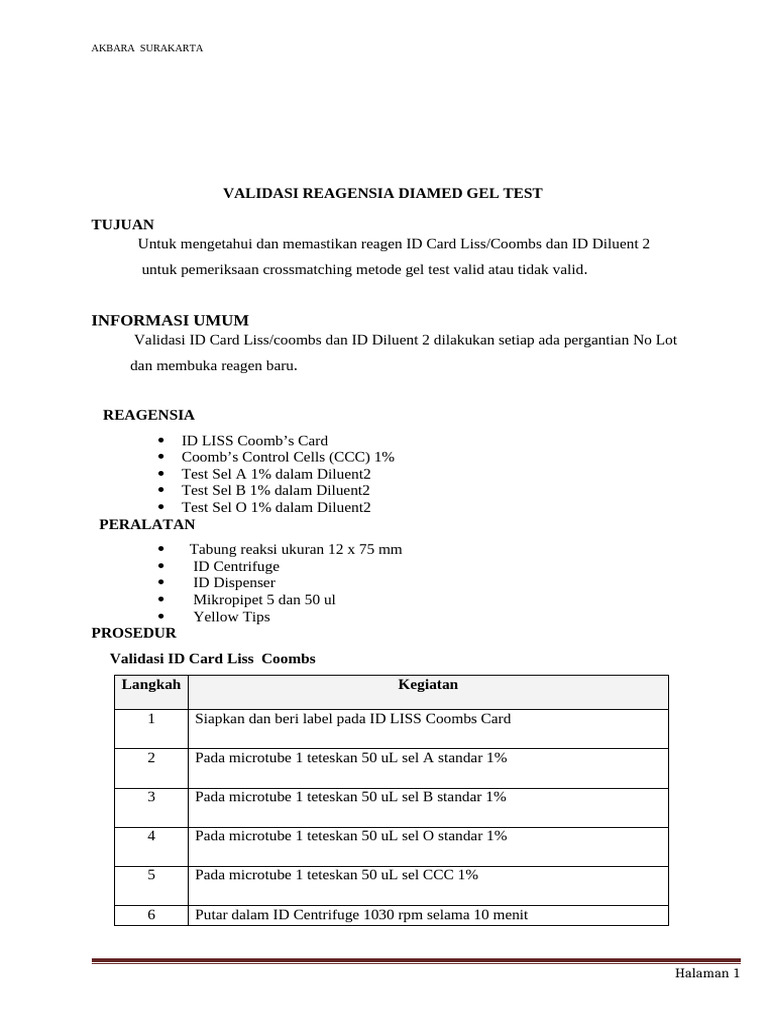 Validasi Reagensia Diamed Gel Test | PDF | Sains & Matematika