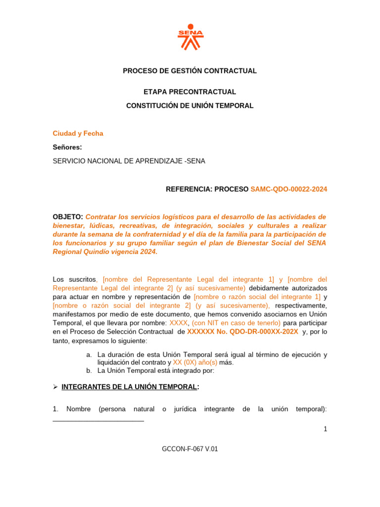 Unión Temporal para Contrato SENA 2024 | PDF