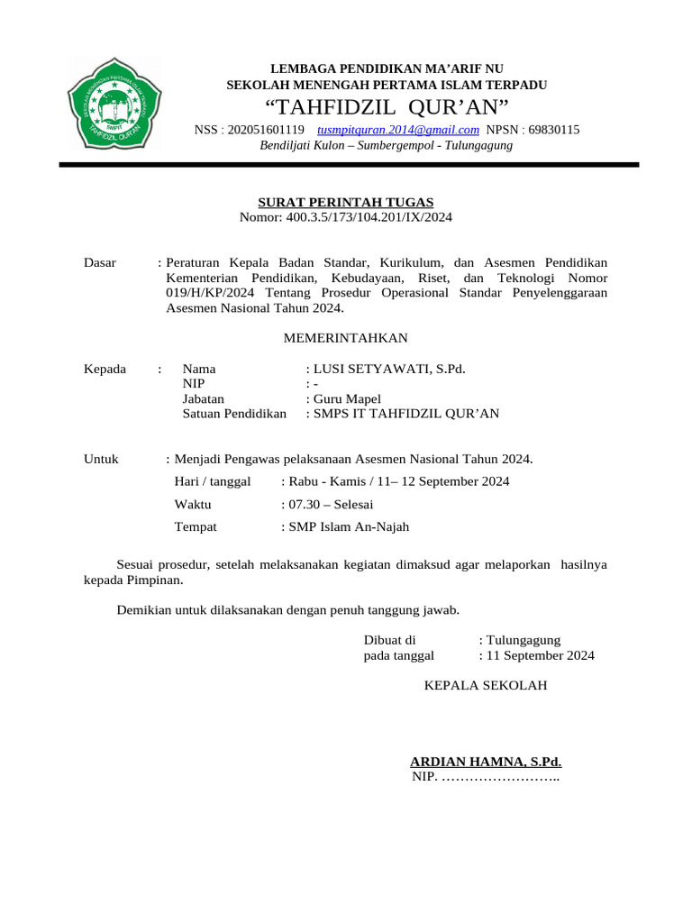 Surat Tugas Pengawas Anbk | PDF