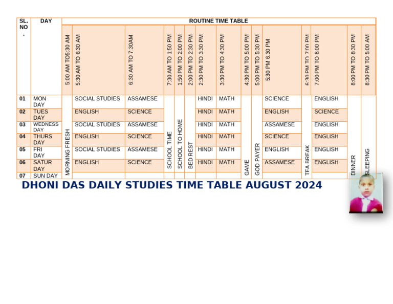 Dhoni Das Time Table August 2024 | PDF