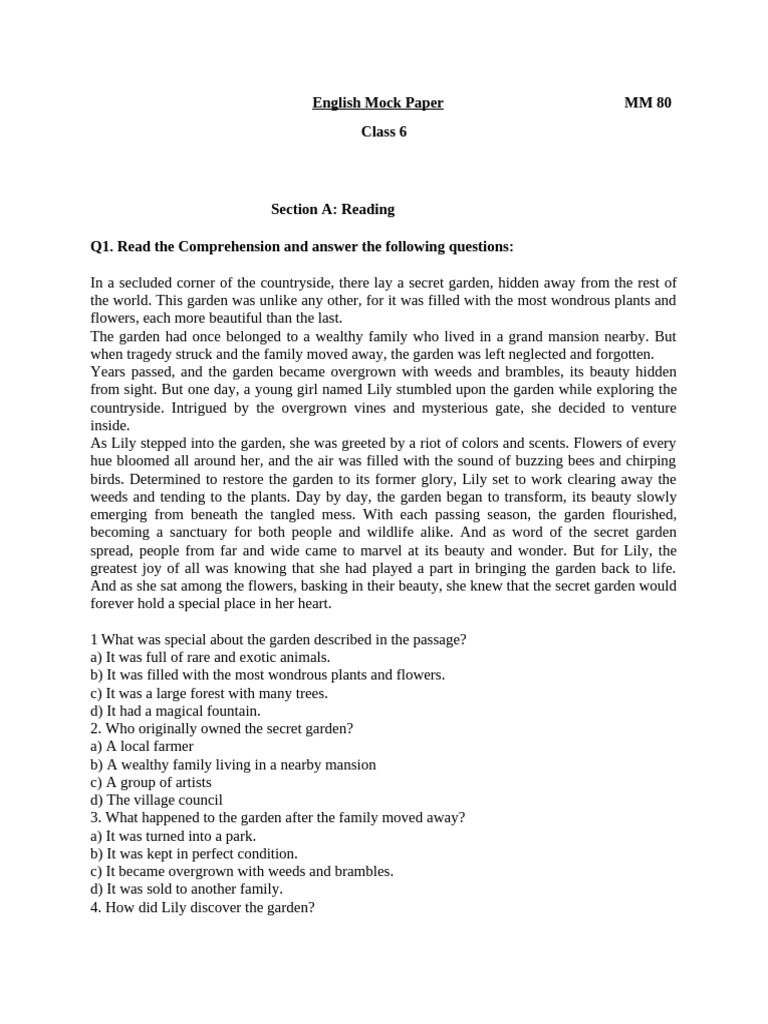 Mock Paper - Sa1 - CL 6 | PDF
