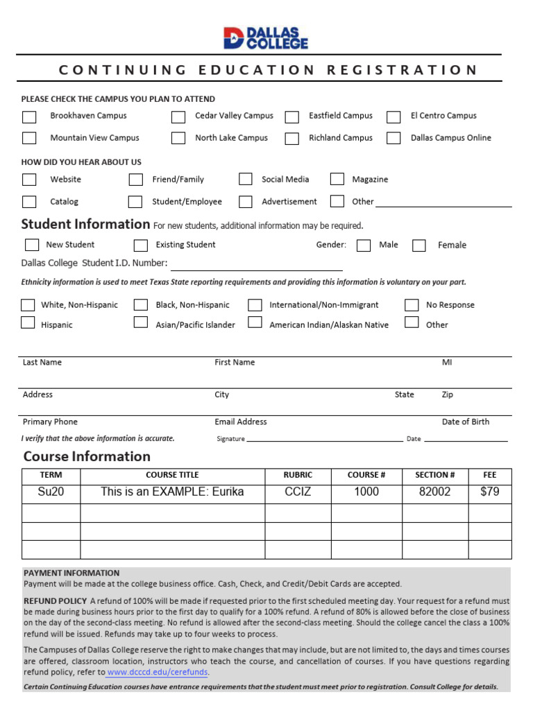 DCCCD Ce Blank Reg Form Ada | PDF