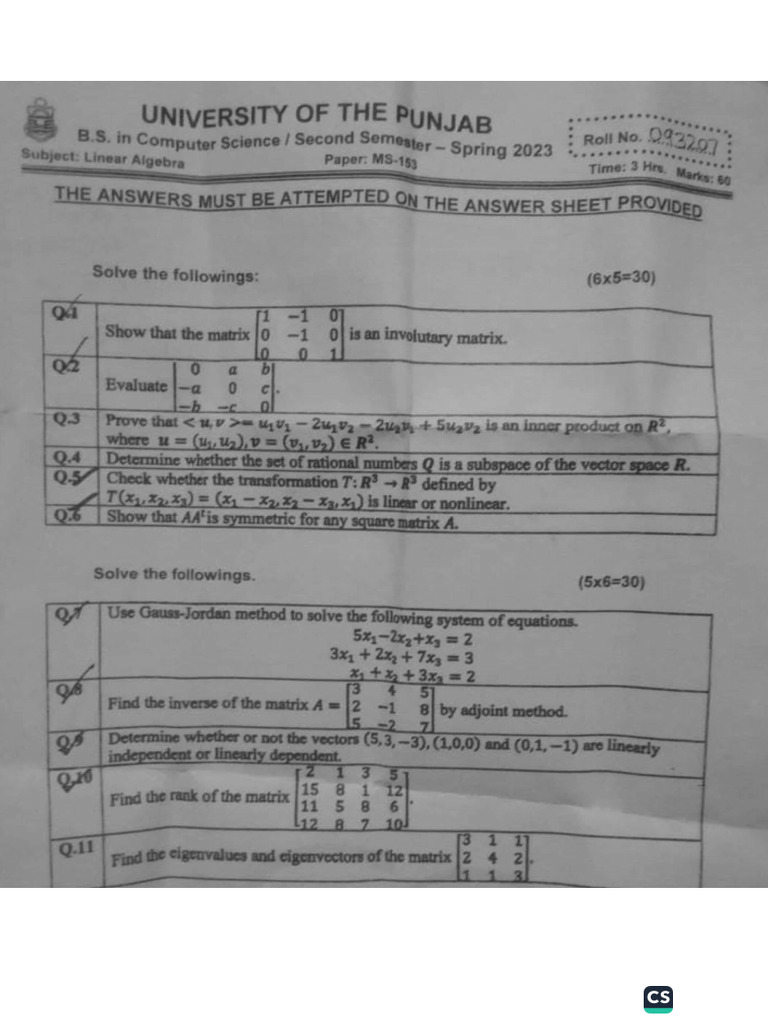 2023 Past Paper Solve Linear Algebra - Punjab University | PDF