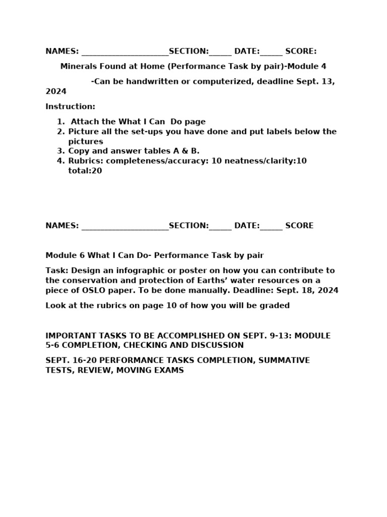 q1 Earth Science Performance Tasks and Completion | PDF