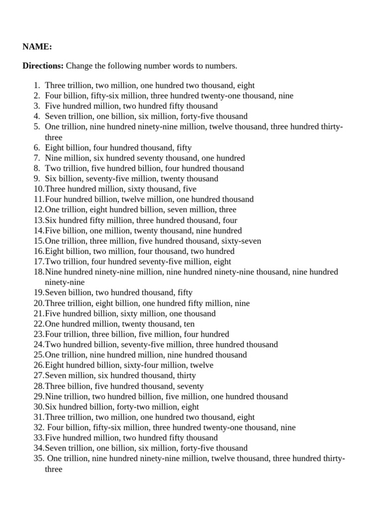 Number Words To Numbers | PDF