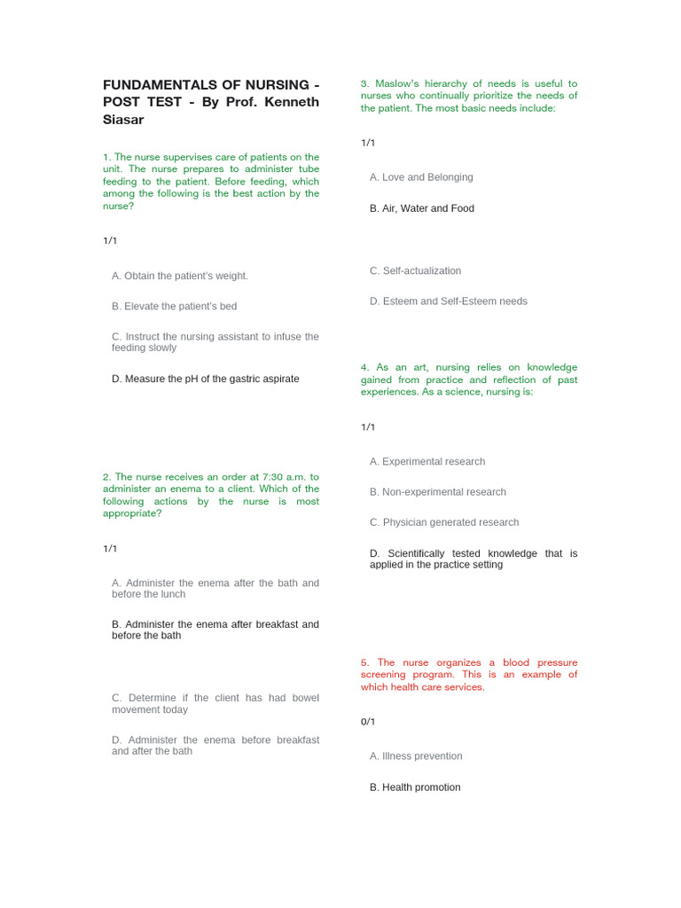 Fundamentals of Nursing Post Test | PDF