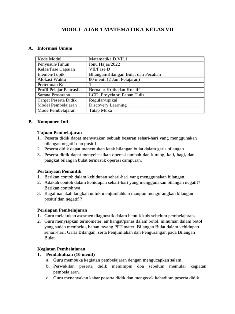 Modul Ajar Bab 1 Bilangan Bulat Pdf