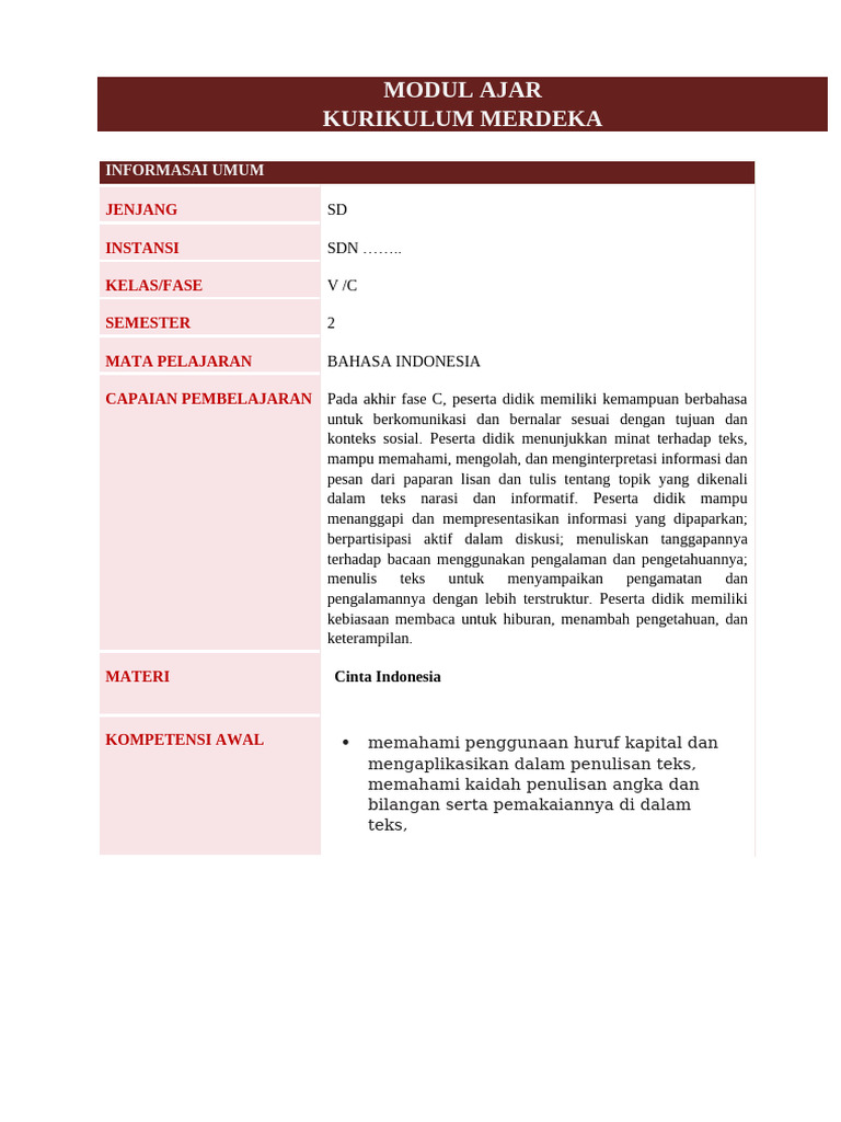Modul Ajar 6 Bahasa Indonesia Kelas 5 Pdf