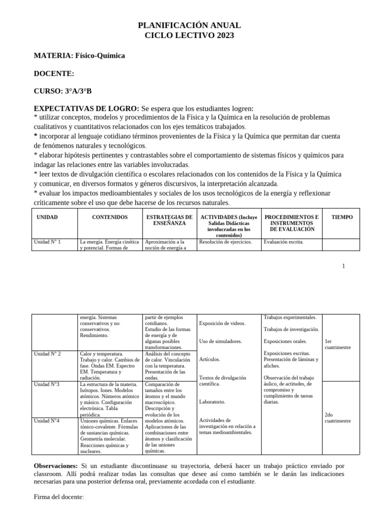 FQ Planificación Anual 2023 | PDF