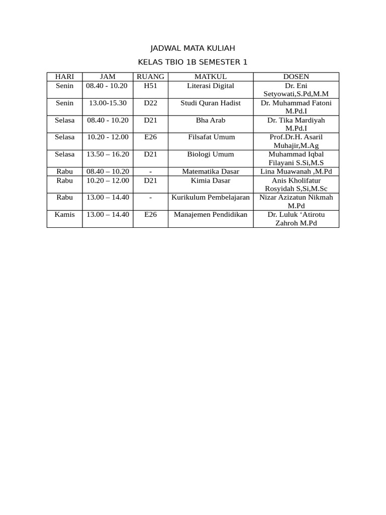 Jadwal Mata Kuliah Tbio1b Pdf