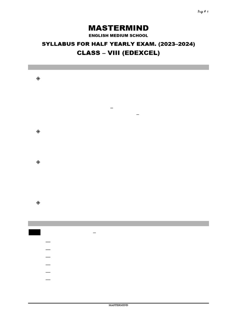 Class Viii Edexcel Half-Yearly Syllabus 2023-2024 | PDF