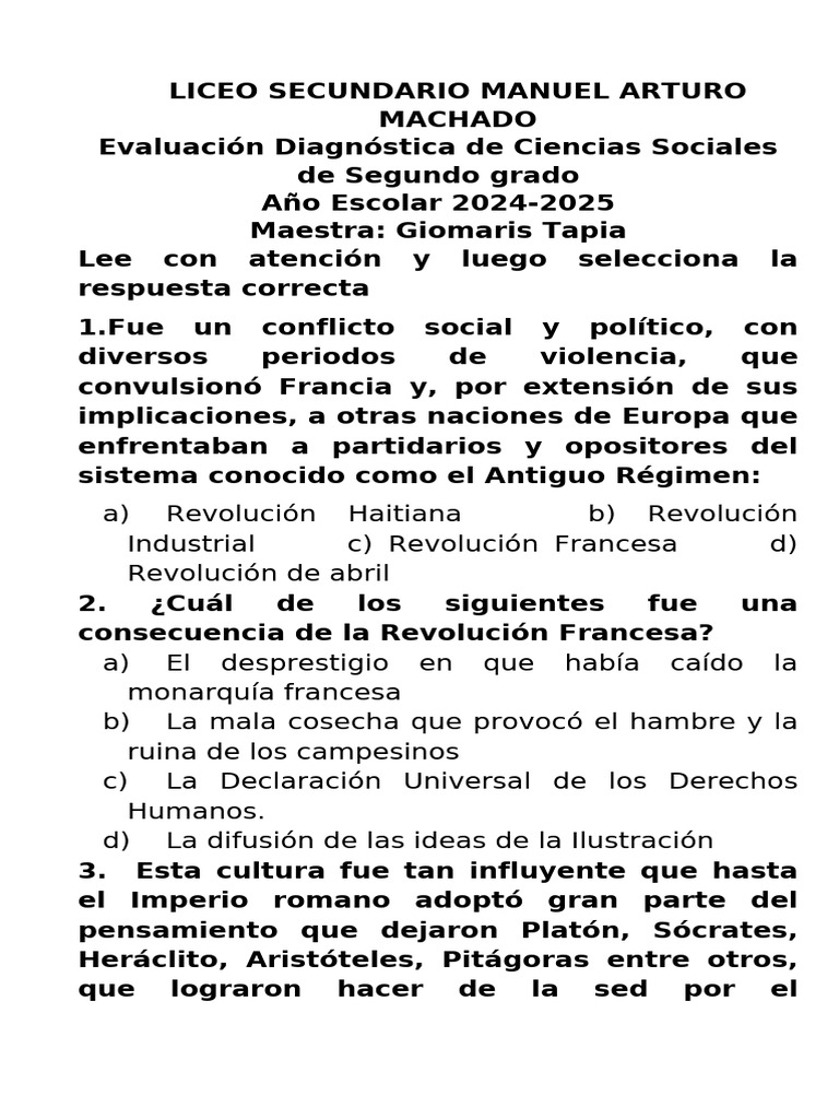 Prueba Diagnóstica 2do. de Secundaria Ciencias Sociales | PDF