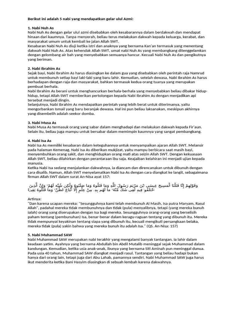 Berikut Ini Adalah 5 Nabi Yang Mendapatkan Gelar Ulul Azmi | PDF