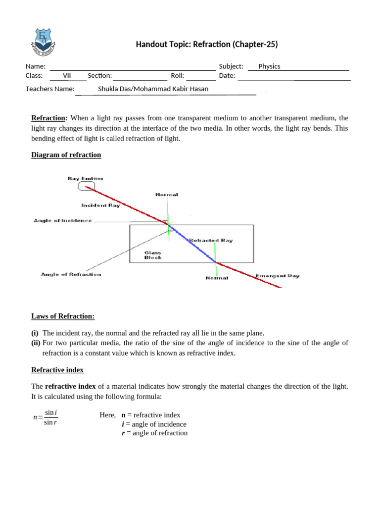 VII_Physics_Handout_Refraction | PDF