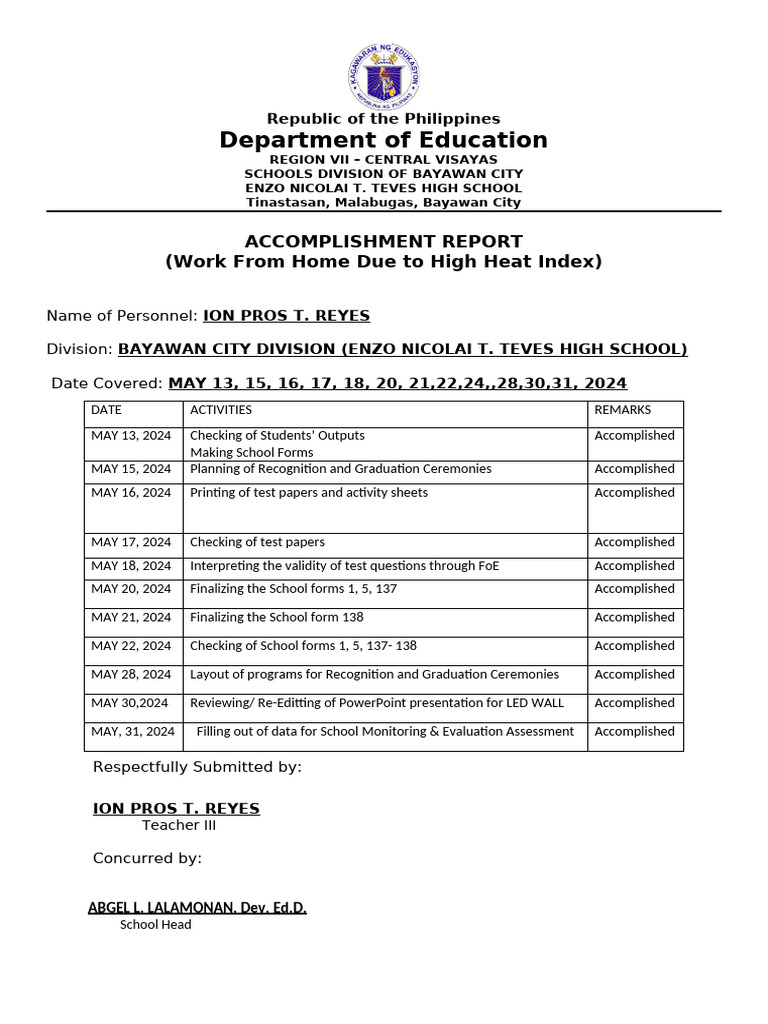 Accomplishment Work Form Home | PDF