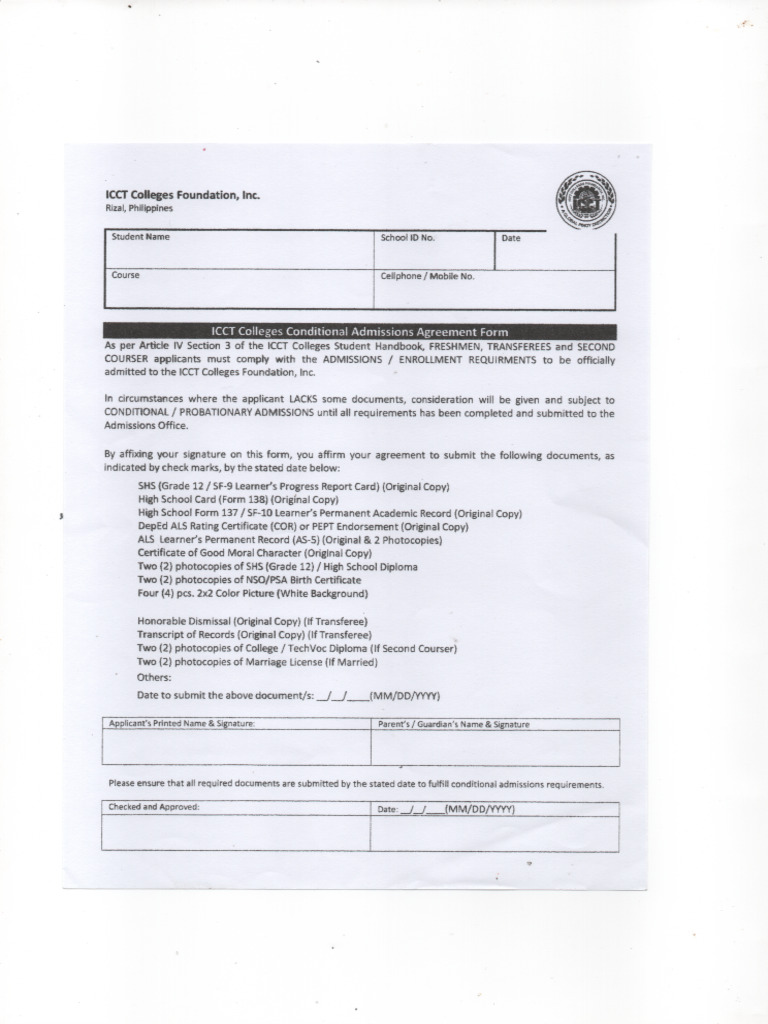 ICCT Colleges Conditional Admissions Agreement Form | PDF