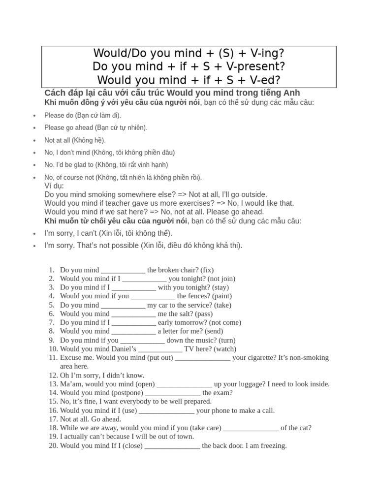 BÀI TẬP WOULD YOU MIND | PDF