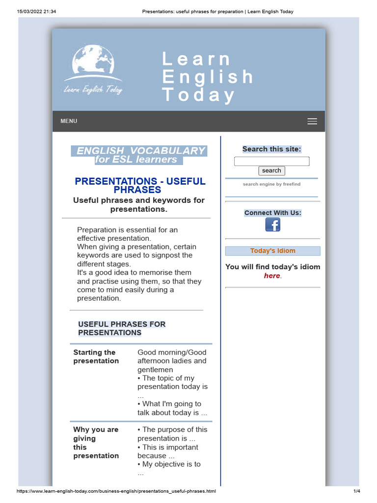 Presentations Useful Phrases For Preparation Learn English Today Pdf