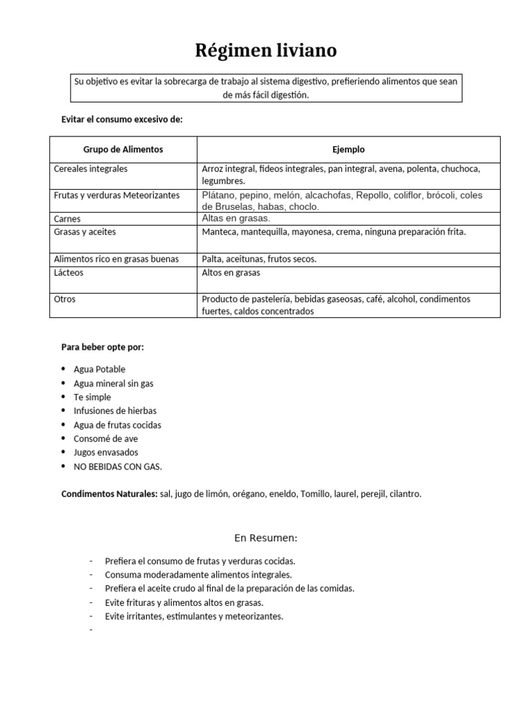 Pauta de Alimentación Régimen Liviano | PDF
