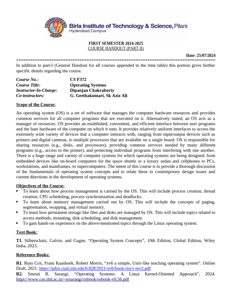 CS - F372 - Handout - First Sem 2024 25 | PDF